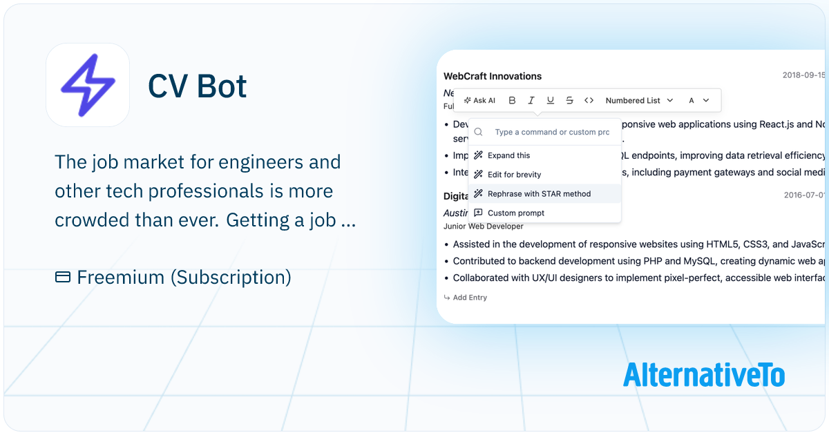 CV Bot: Resume builder tool designed for tech workers, with additional ...