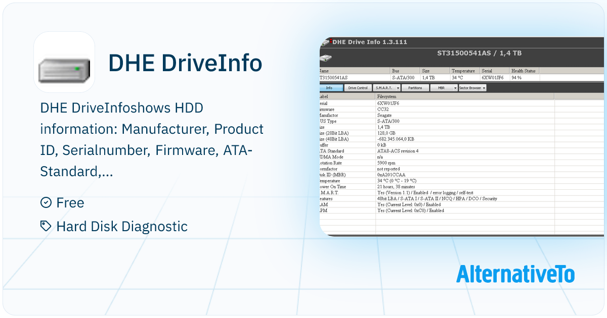 DHE DriveInfo: Shows HDD information: Manufacturer | AlternativeTo