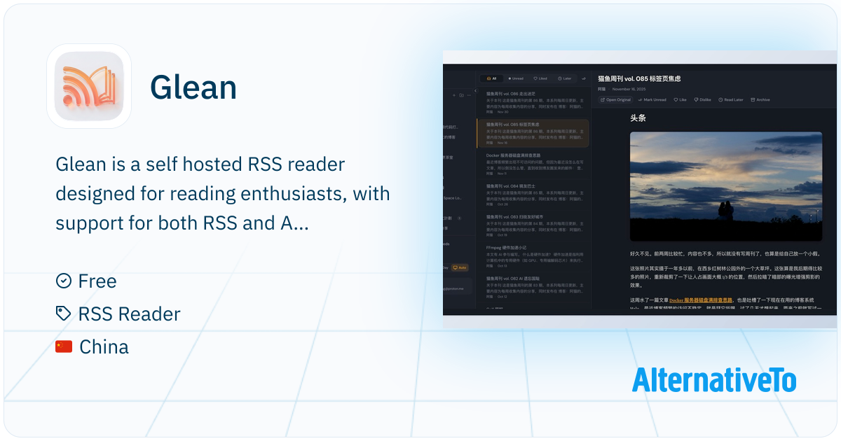 Glean: Self-hosted RSS and Atom reader with clean interface | AlternativeTo