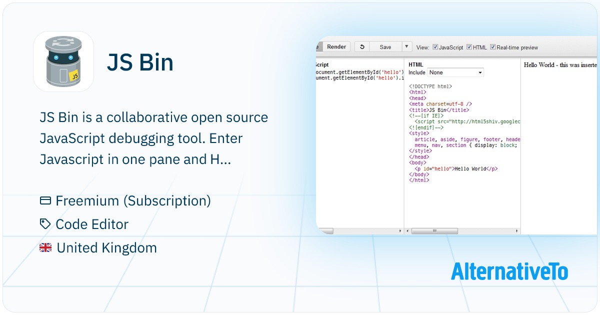JS Bin: Free online HTML, CSS, and Javascript editor. | AlternativeTo