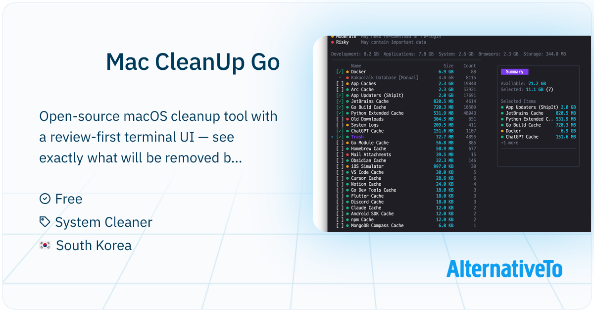 Mac CleanUp Go: TUI macOS cleaner that scans caches/logs, shows sizes/paths, lets you select ...