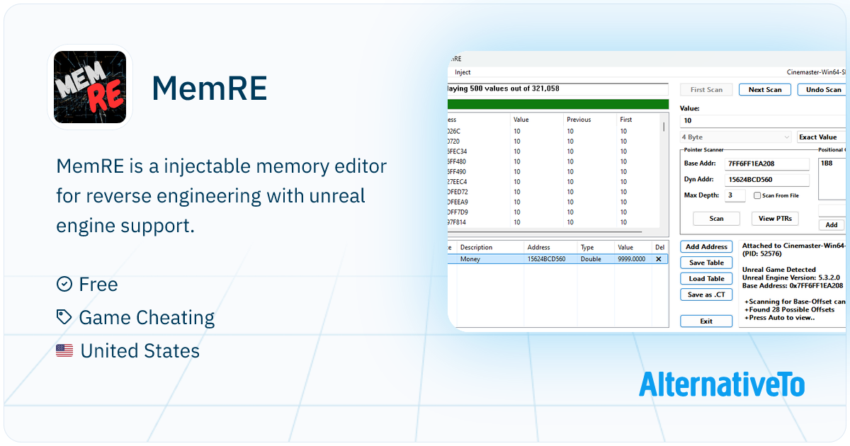 MemRE: Injectable Memory Editor with Unreal Engine Support | AlternativeTo