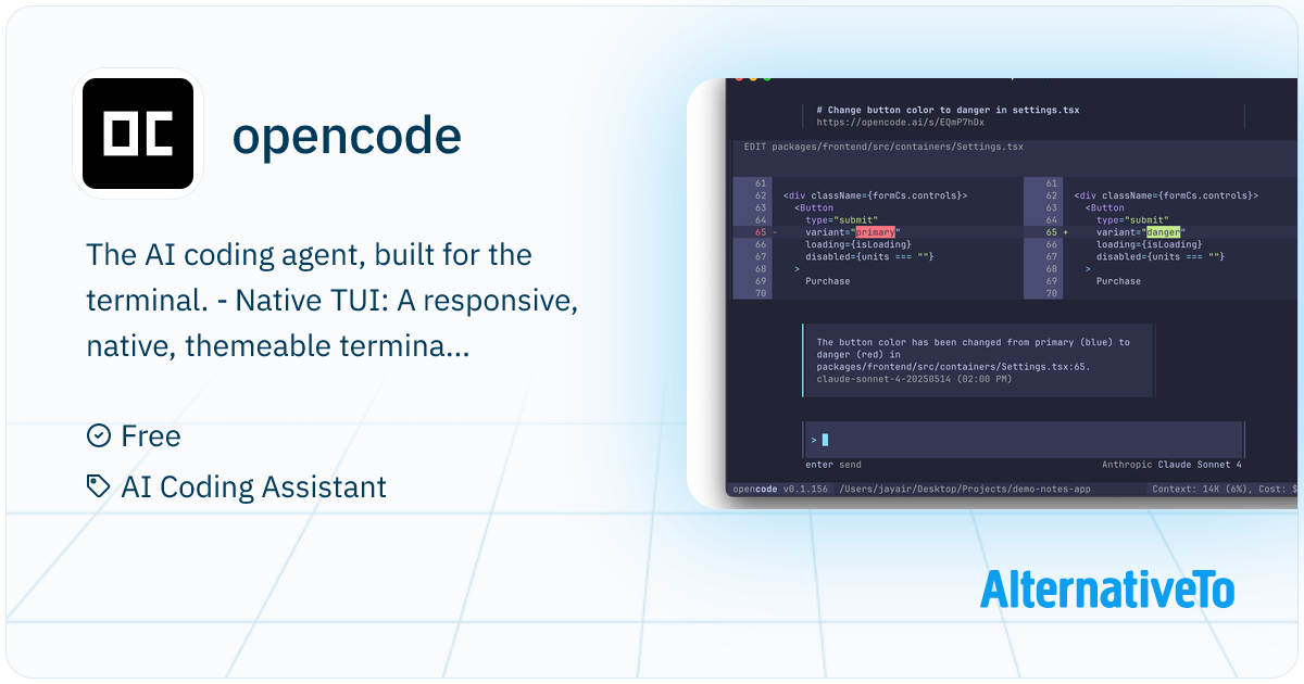 opencode: Terminal AI coding assistant with native UI and LSP support | AlternativeTo