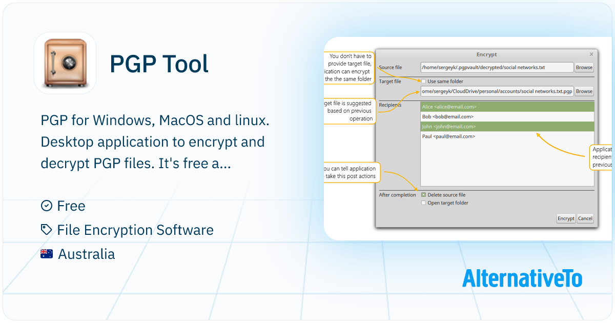 PGP Tool: PGPTool allows you to encrypt and decrypt files. It's free ...