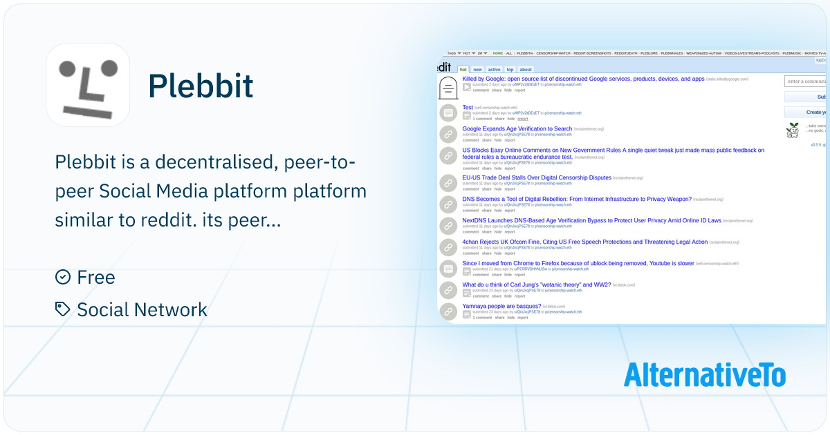 Plebbit: Decentralised, peer-to-peer Social Media platform | AlternativeTo