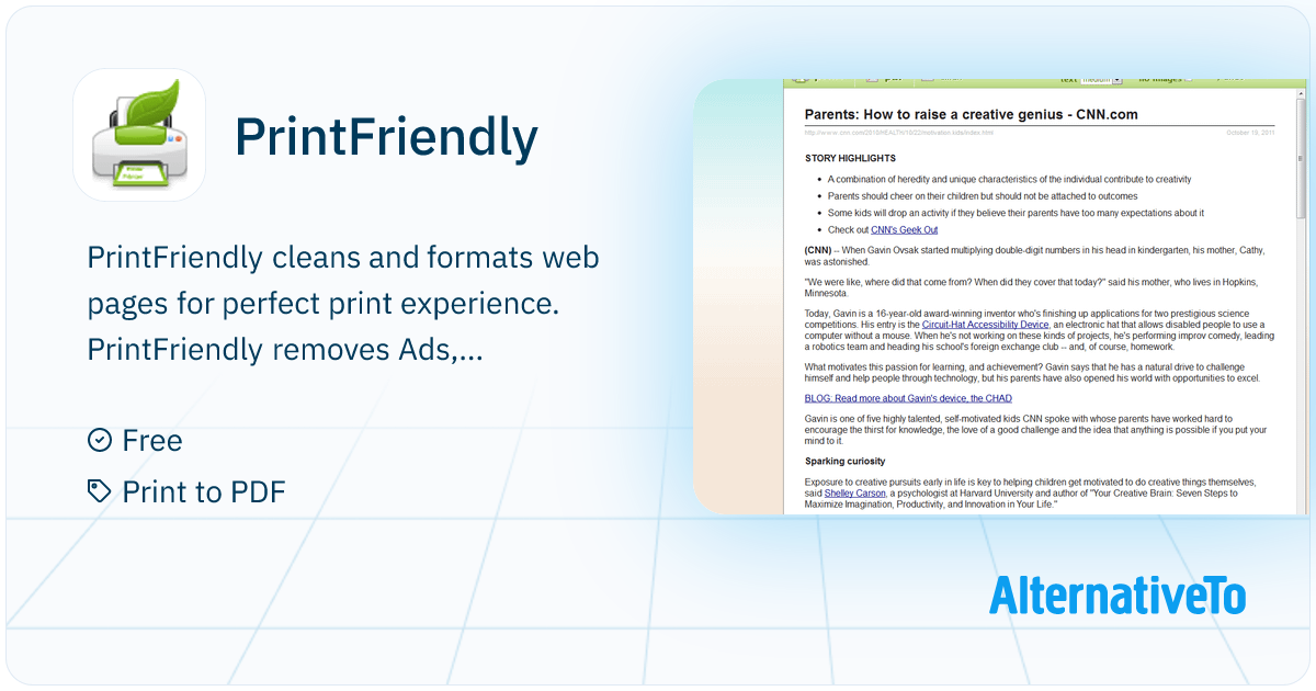 PrintFriendly: Cleans and formats web pages for | AlternativeTo
