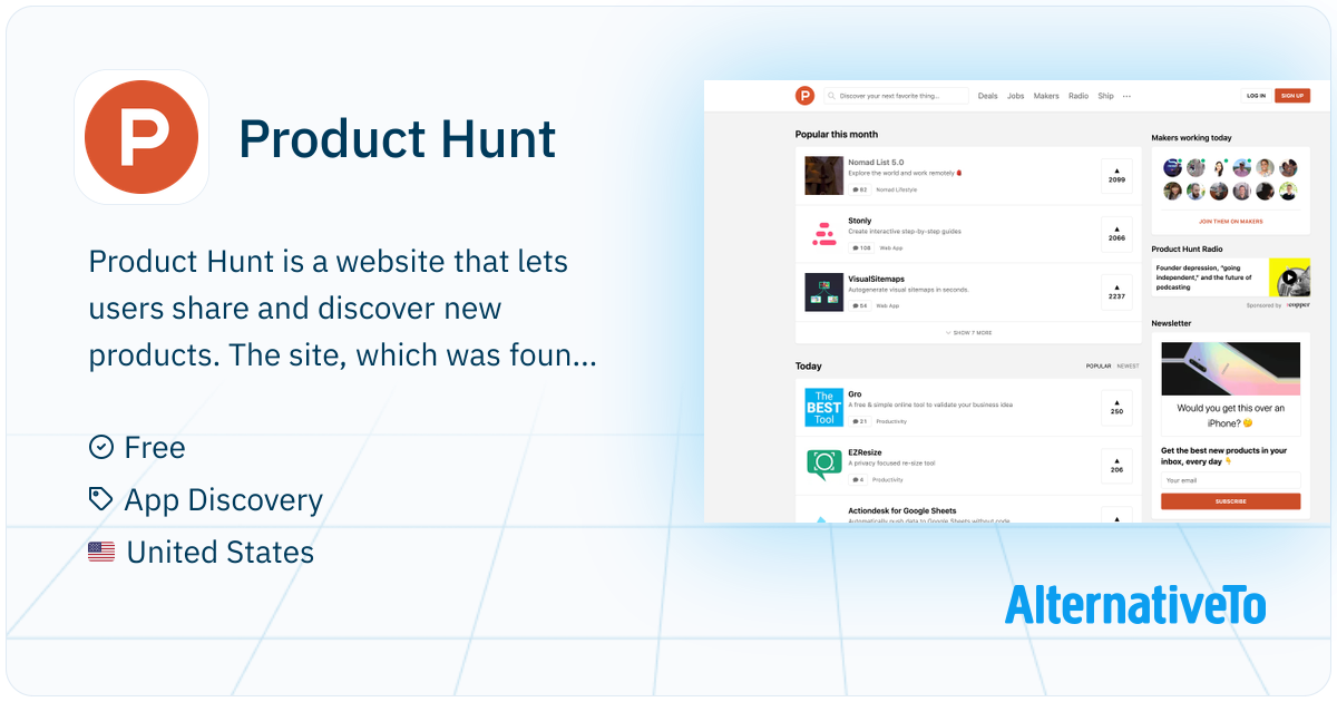 Product Hunt: Curation of the best new products, every day. | AlternativeTo