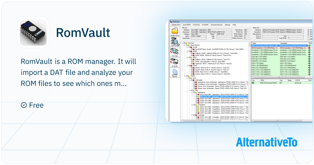 RomVault: ROM Manager. Using a reference DAT it can check, sort, and ...