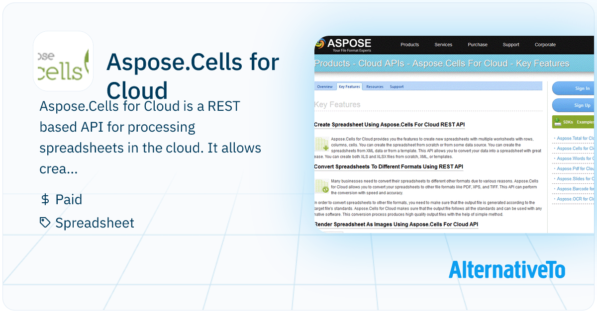 Aspose.Cells for Cloud: Aspose | AlternativeTo