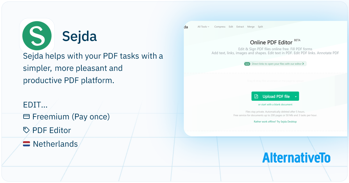Sejda: Helps with your PDF tasks: edit existing text, split, merge ...