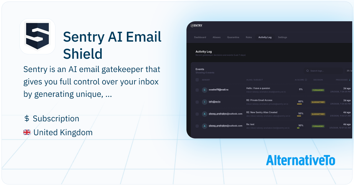 Sentry AI Email Shield: Sentry is an AI-powered email alias service ...