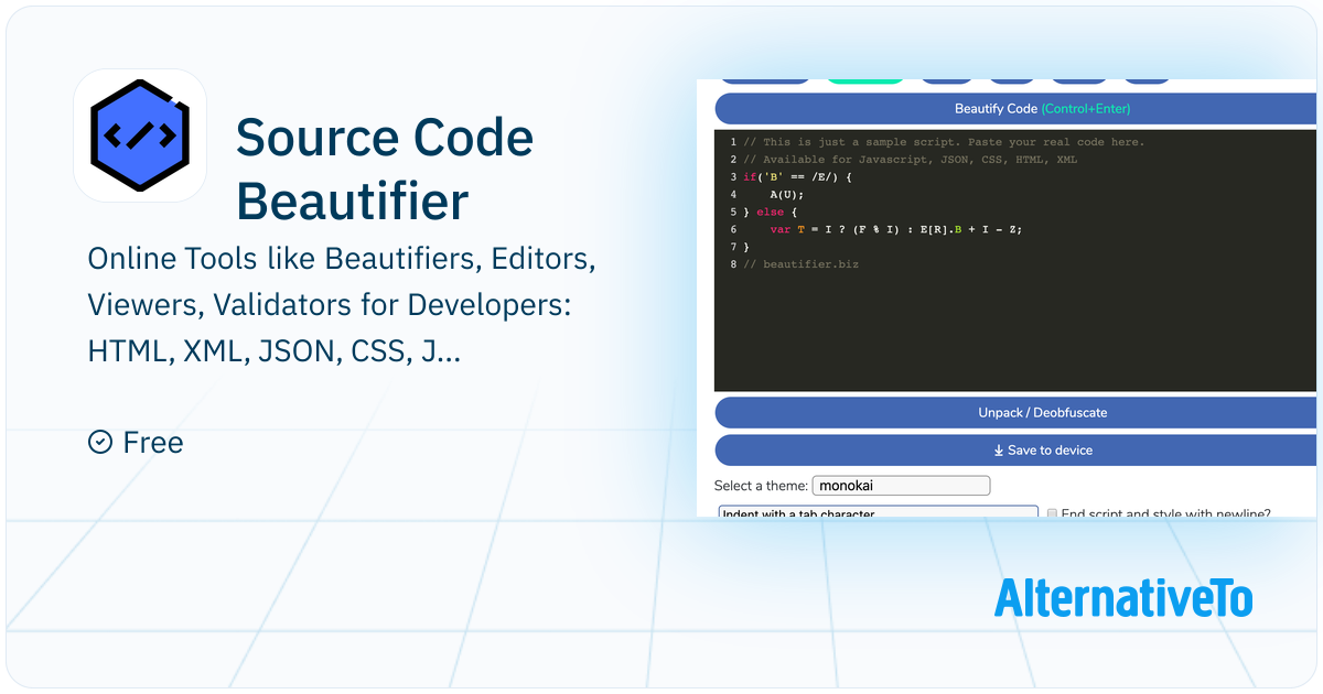 Source Code Beautifier: Beautify and unminify your code. | AlternativeTo