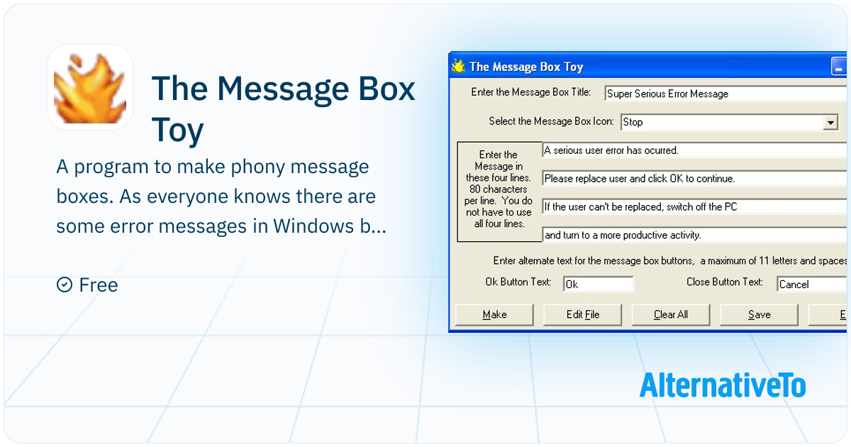 The Message Box Toy: A program to make phony message boxes | AlternativeTo