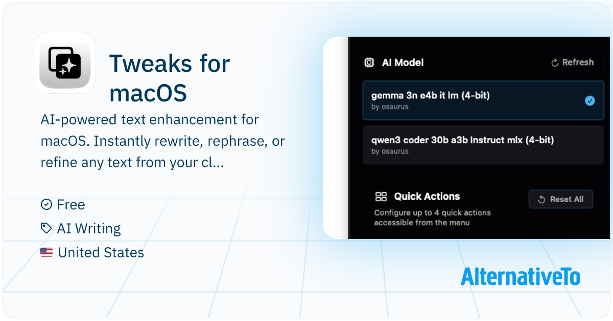 Tweaks for macOS: AI-powered text enhancement for macOS | AlternativeTo
