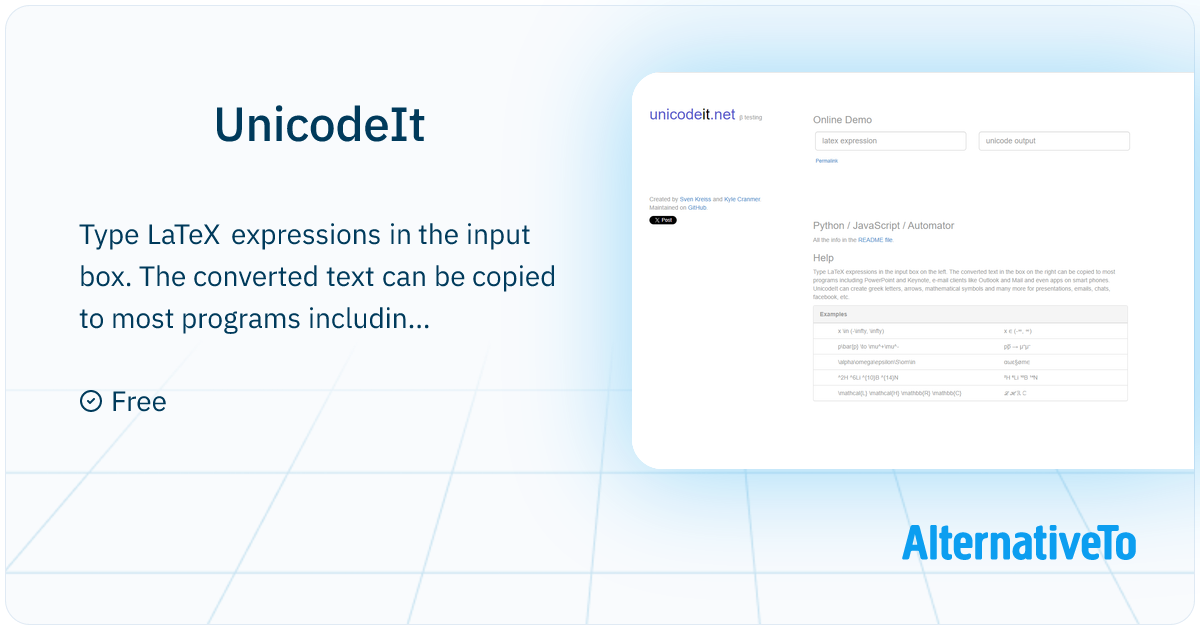 UnicodeIt: Converts LaTeX tags to unicode: \mathcal{H} ? H. | AlternativeTo