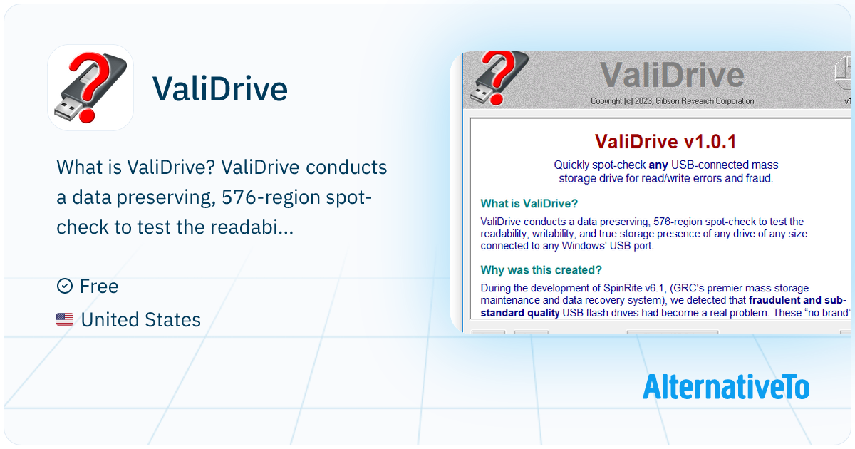 ValiDrive: Quickly spot-check any USB mass storage drive | AlternativeTo